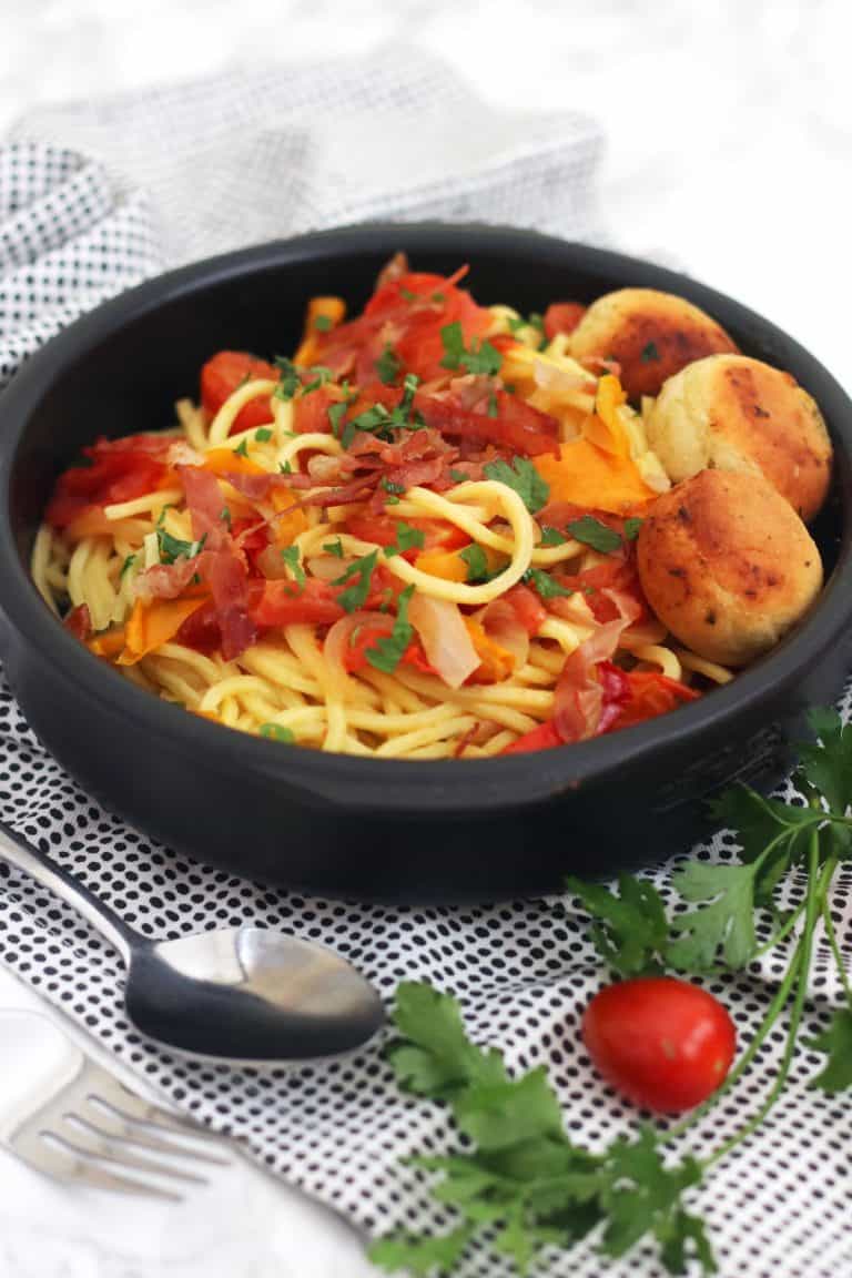 Crispy Parma Ham topped Spaghetti with roasted peppers and cherry ...